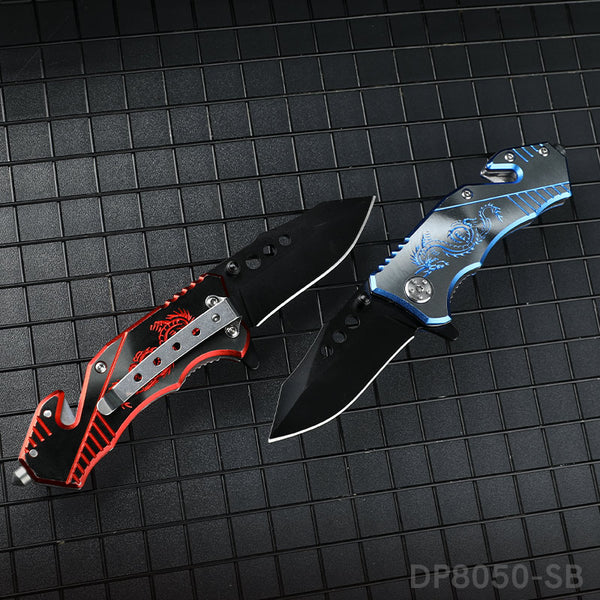 Blackened Blade Folding Knife with Dragon Patterned Aluminum Handle ...