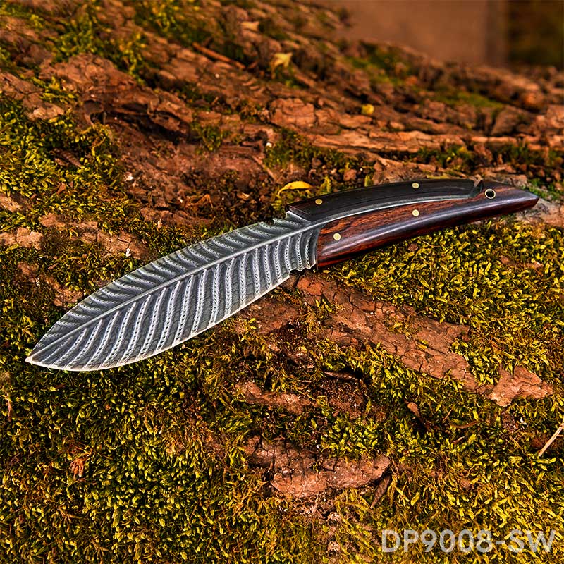 Damascus Steel Feather Pattern Knife EDC with Sheath, Fixed Blade and ...